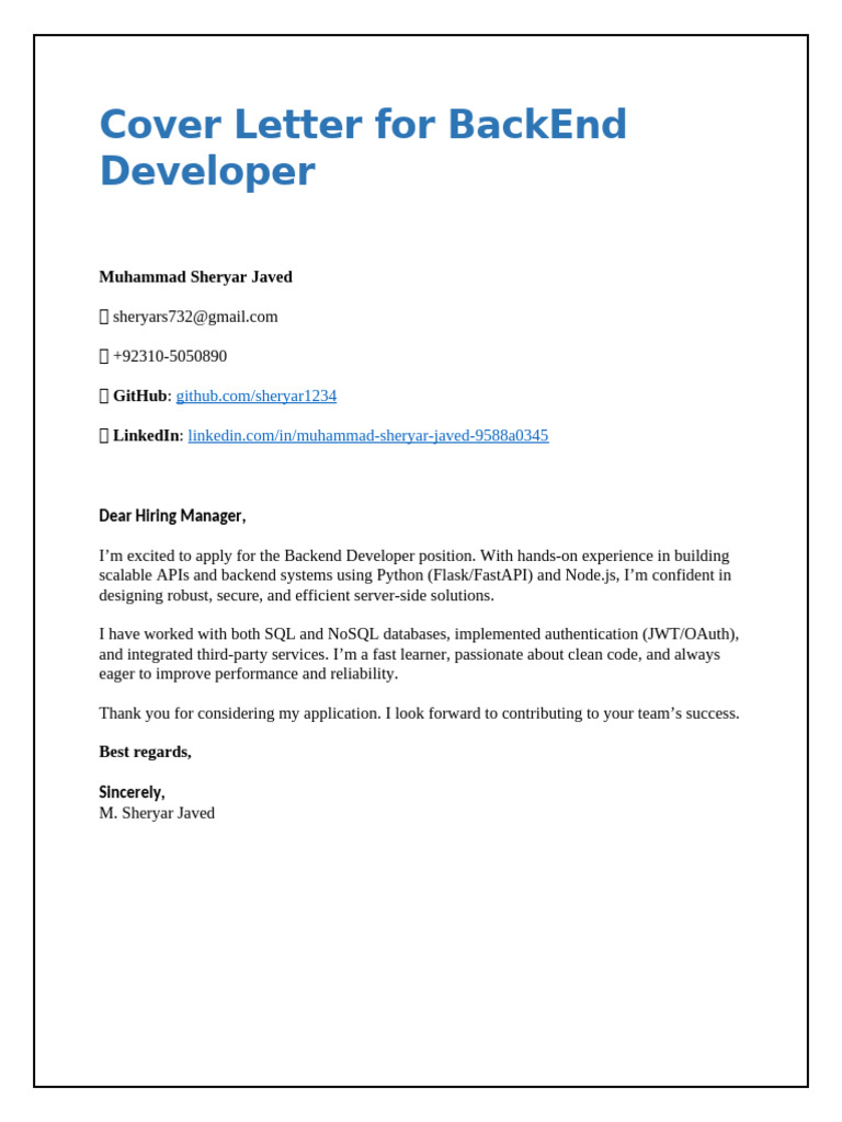Cover Letter For BackEnd Developer | PDF