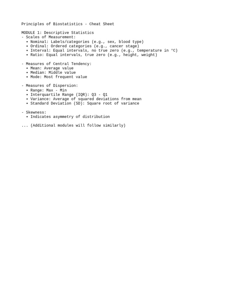Biostatistics Cheat Sheet | PDF