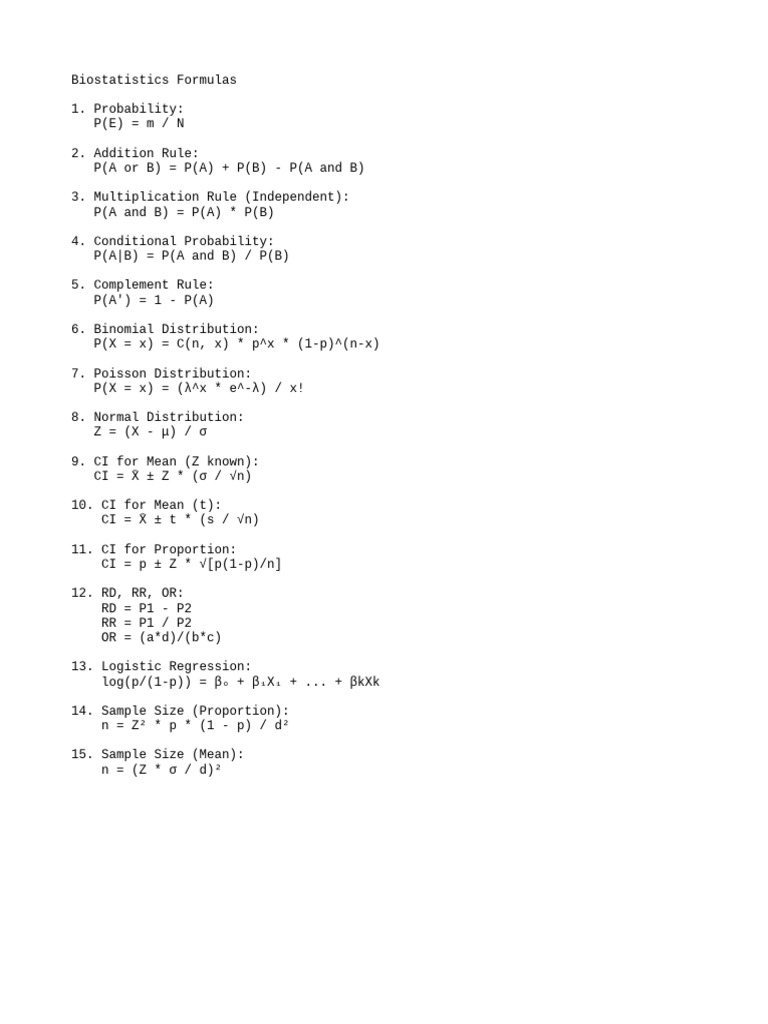 Biostatistics Formulas | PDF