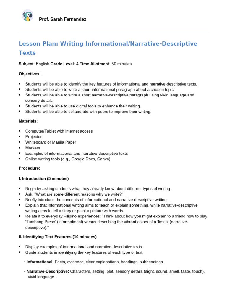 Writing Informational and Narrative-Descriptive Texts | PDF | Writing ...