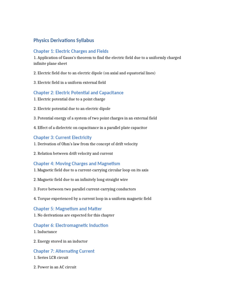 Physics Derivations Syllabus Structured | PDF