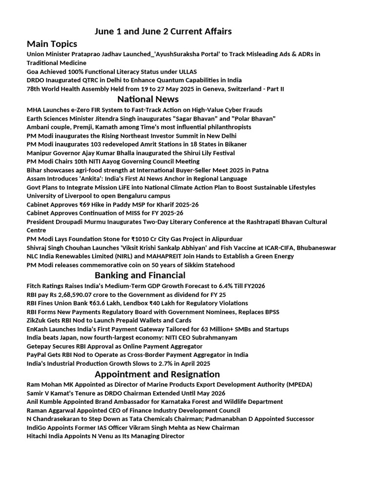 June 1 and June 2 Current Affairs | PDF