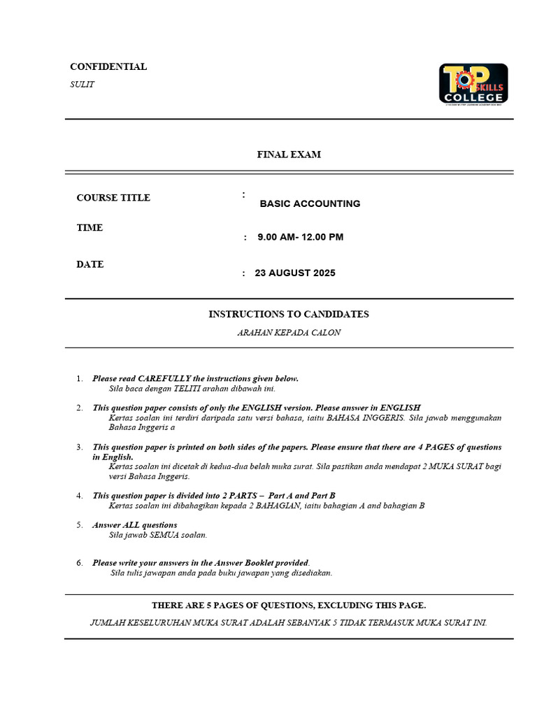 Basic Accounting Final Exam Instructions | PDF | Debits And Credits ...