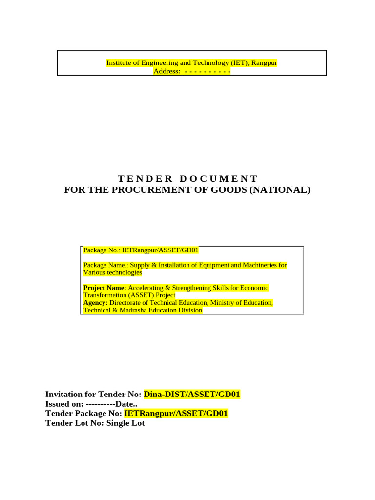 ASSET Project Tender for Equipment Supply | PDF | Bankruptcy ...