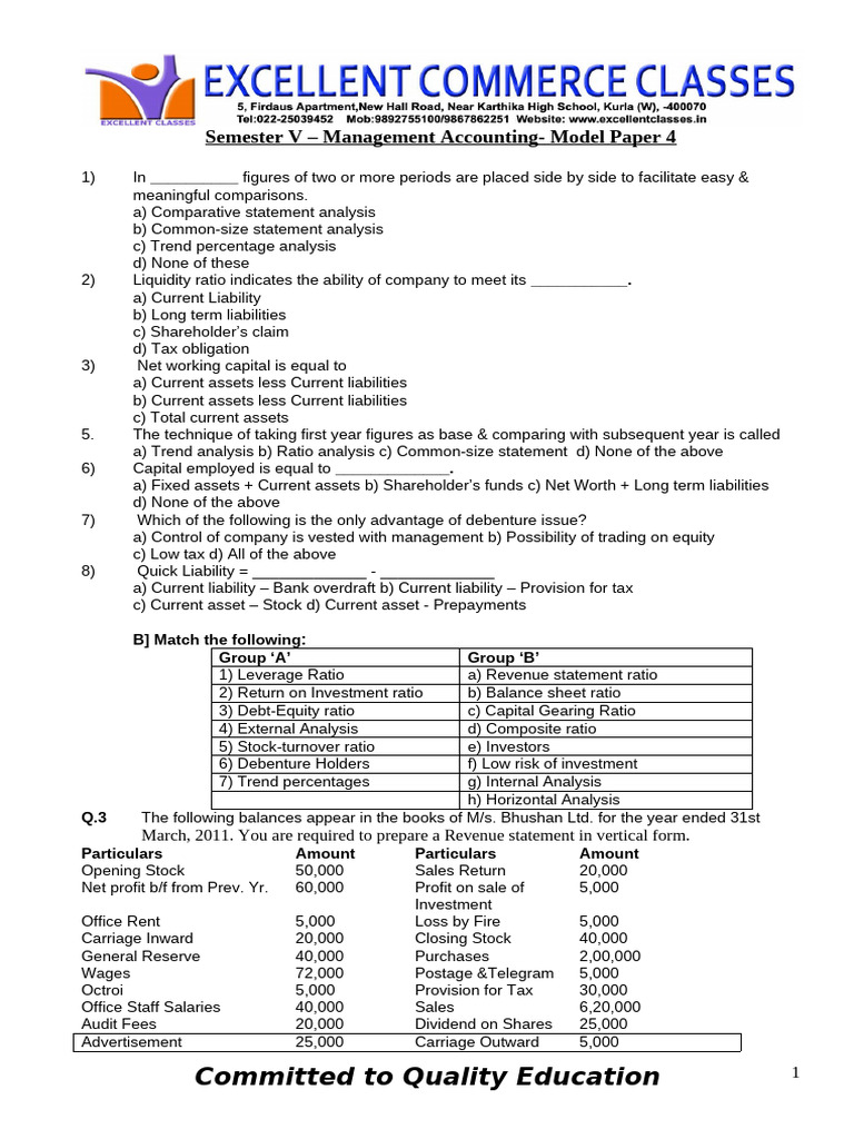 Management Accounting Model Paper V | PDF | Balance Sheet | Equity ...