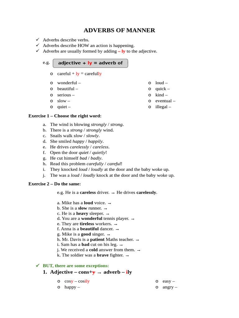 Adverbul de Mod in Engleza Reguli Si Exercitii Adverbs of Manner Rules ...