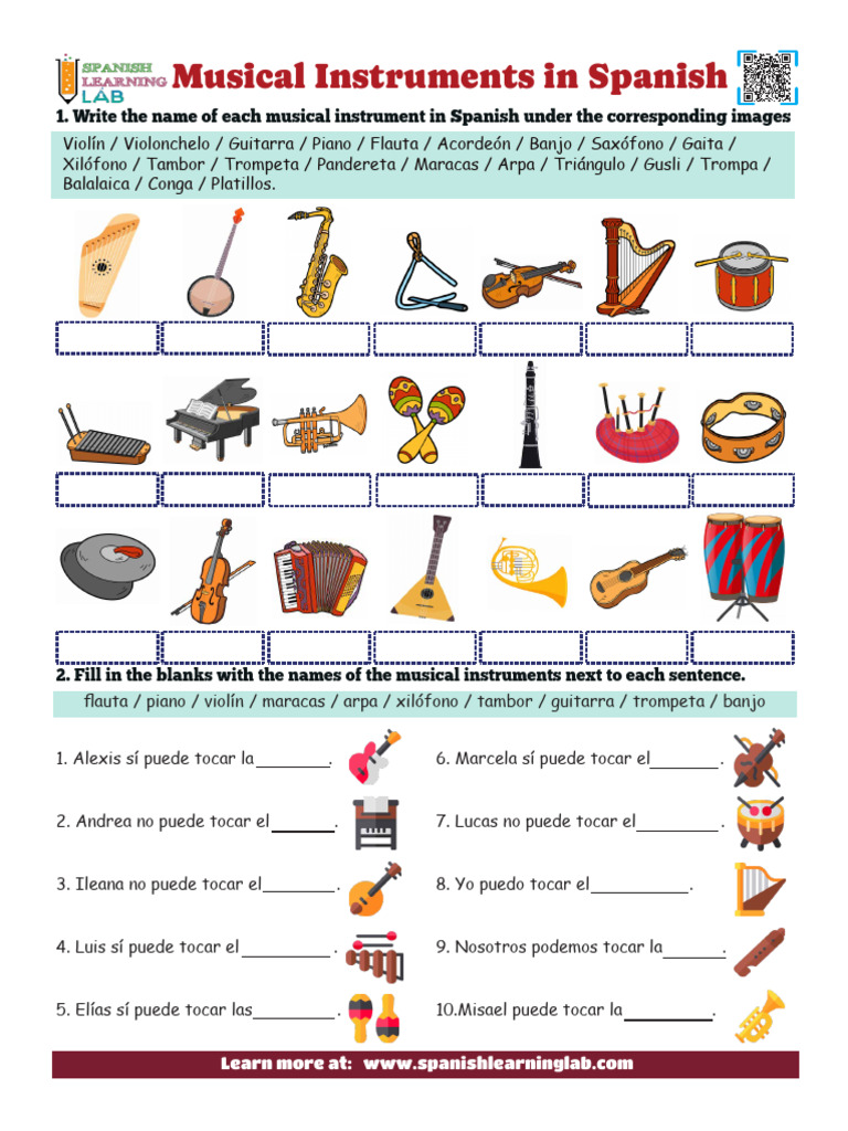 Musical Instruments in Spanish PDF Worksheet | PDF