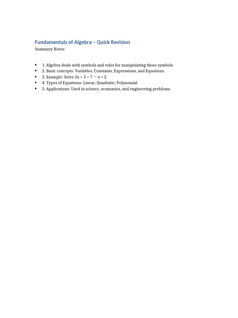Fundamentals of Algebra - Quick Revision | PDF