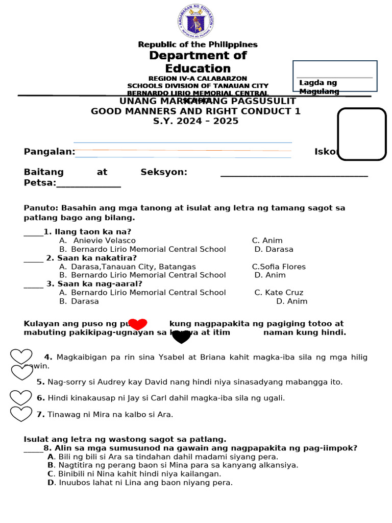 Unang Markahang Pagsusulit Sa GMRC 1 2024 2025 Century Gothic | PDF