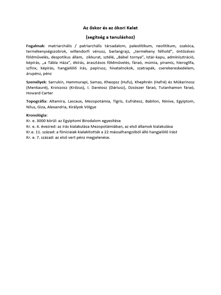 Tudnivalók - Az Őskor És Az Ókori Kelet | PDF