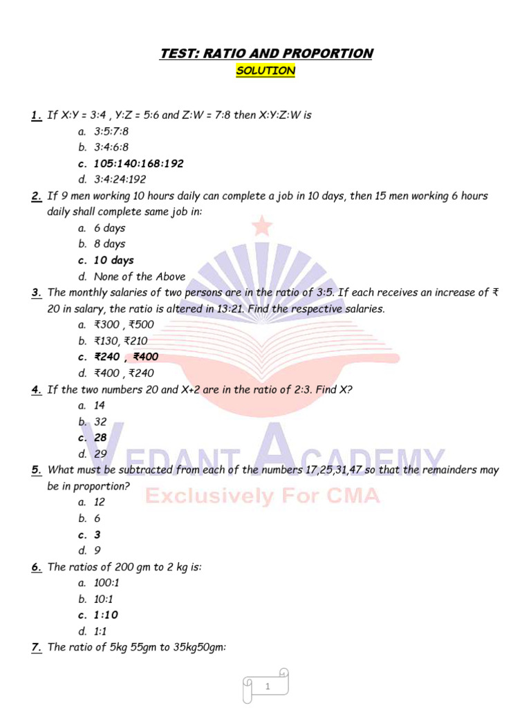 Ratio and Proportion Test Solutions | PDF | Ratio | Mathematics