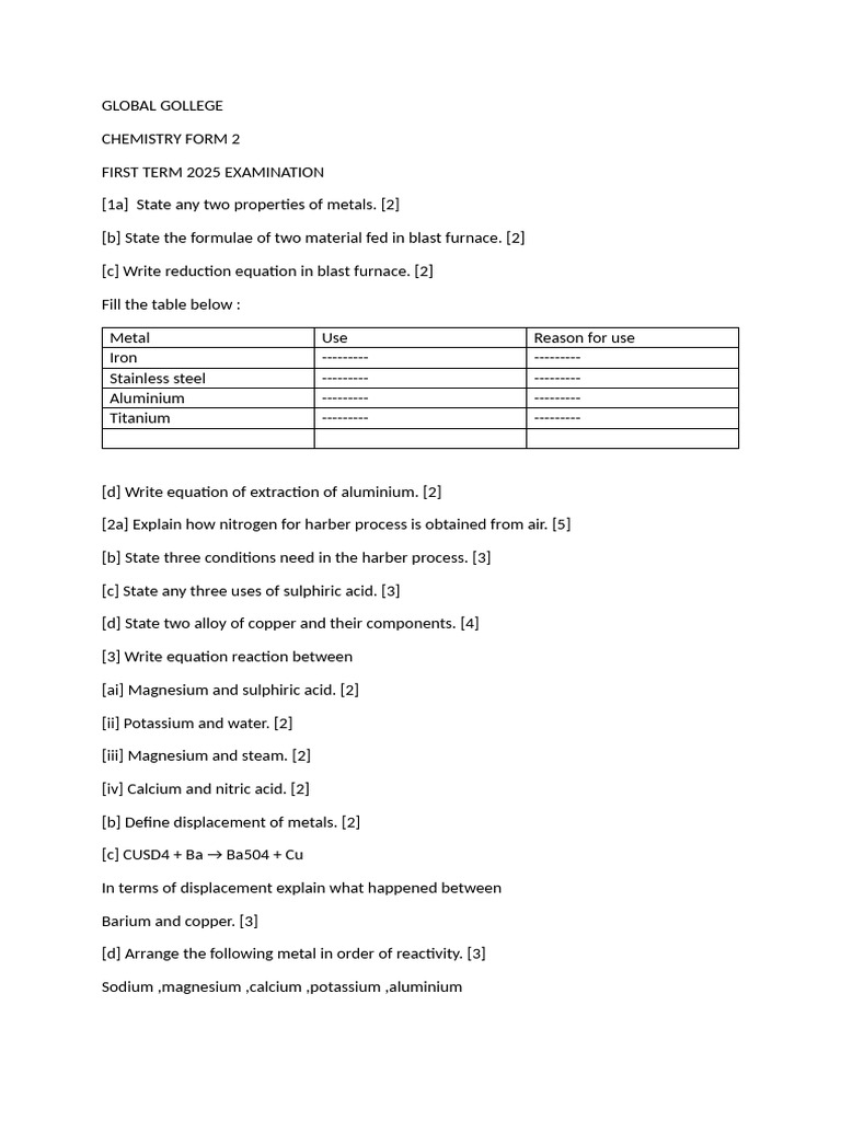 Chemistry Exam Questions for Form 2 | PDF