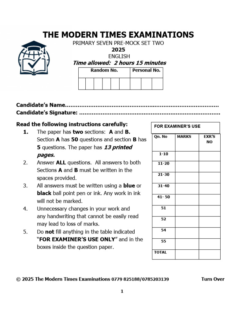 Primary Seven English Pre-Mock 2025 | PDF