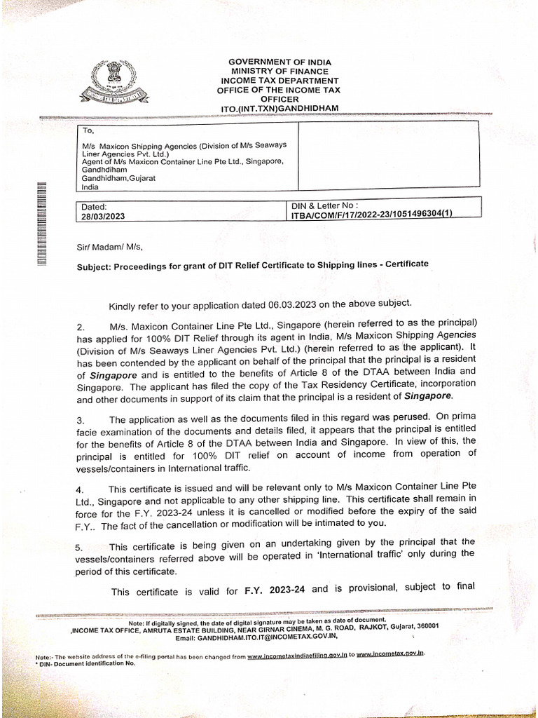 Seway Liner MCL Dit Certificate For Fy 2023-24 | PDF