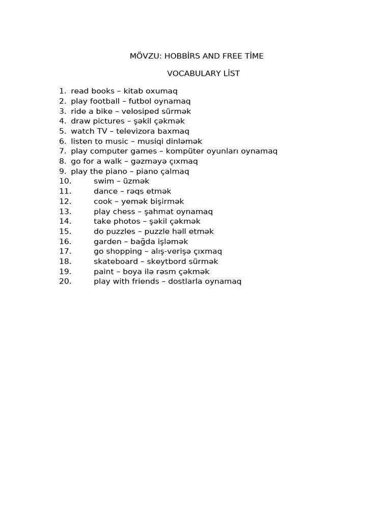Hobbies and Free Time. Vocabulary List | PDF