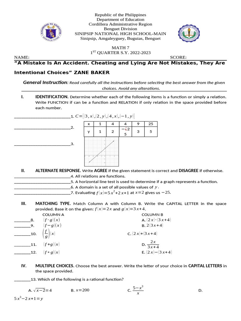 General Math 1st Quarter EXAM FINAL | PDF | Function (Mathematics) | Mathematical Objects