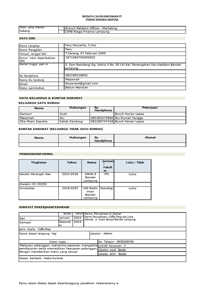 Biodata Fery Haryanto untuk Marketing | PDF