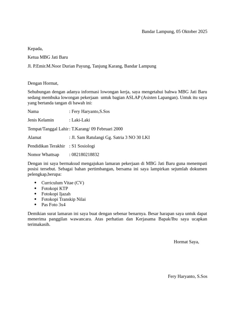 Surat Lamaran Kerja Fery Haryanto | PDF