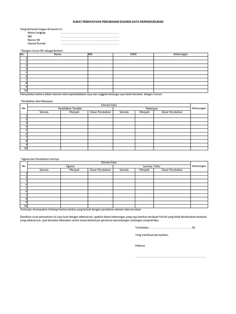 Surat Perubahan Data Kependudukan | PDF