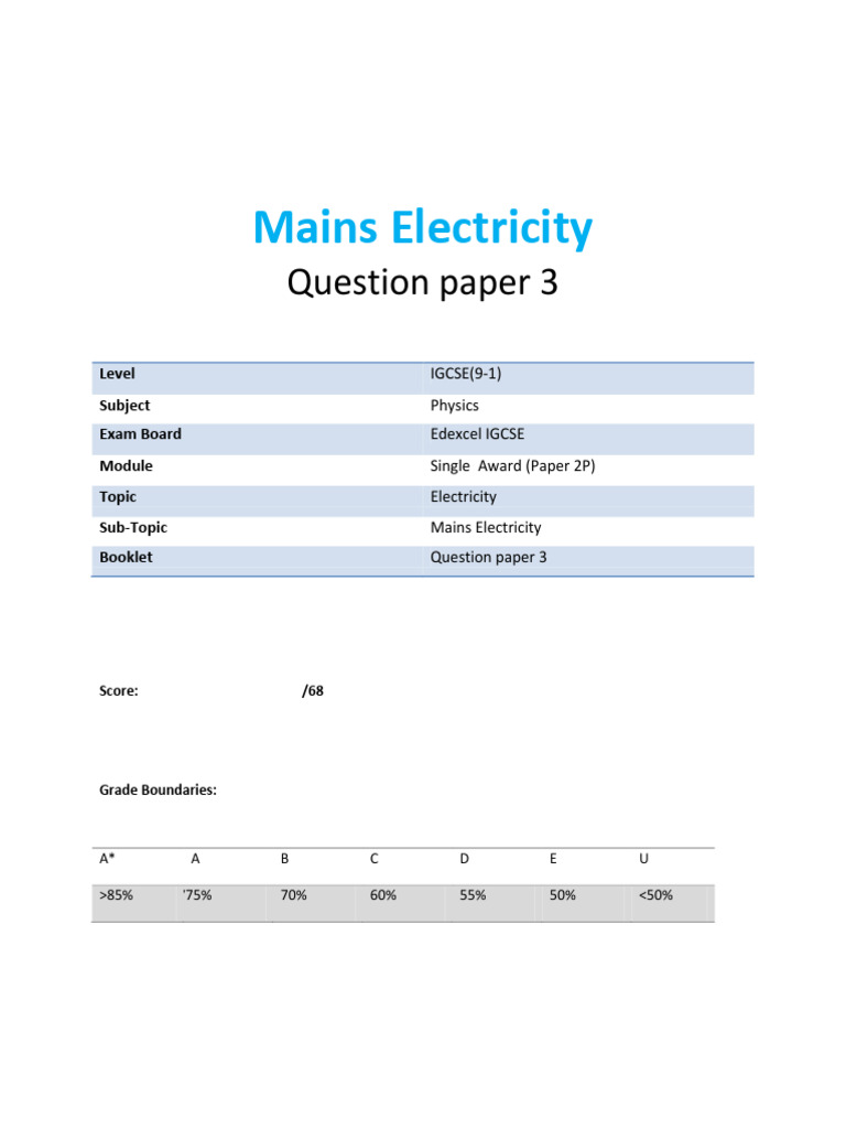IGCSE Physics Mains Electricity Exam Paper | PDF | Schools ...