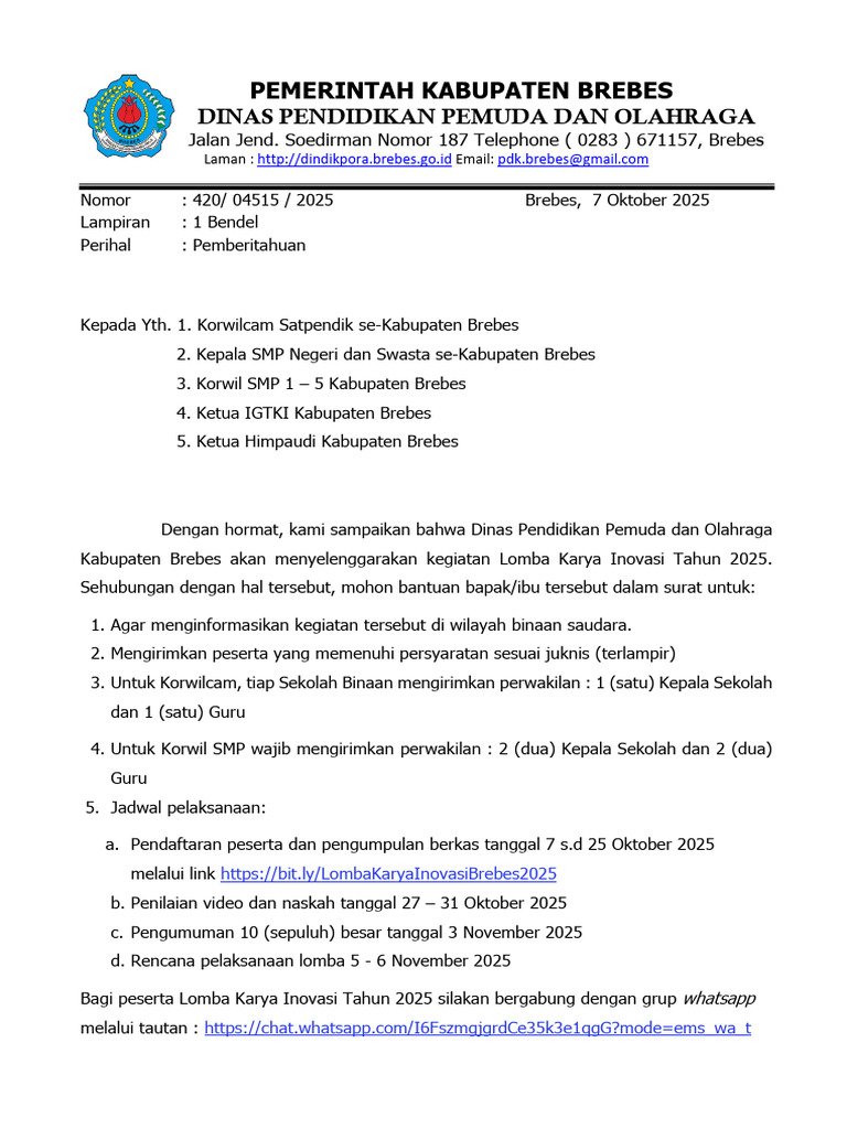 Pemberitahuan Dan Juknis Lomba Karya Inovasi Tahun 2025 | PDF