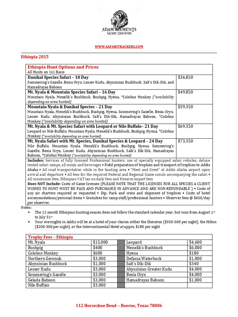 ACST Ethiopia Price Sheet 2015 | PDF | Ethiopia | Mammals Of Africa