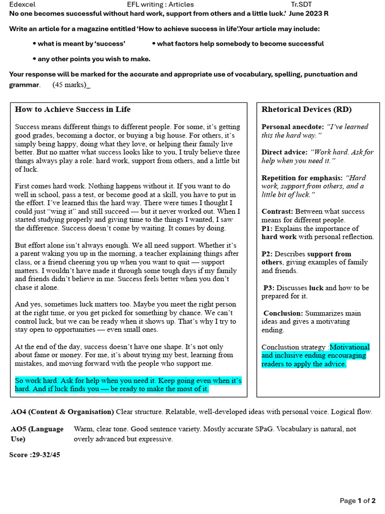 Edexcel Article - Success in Life | PDF | Human Communication