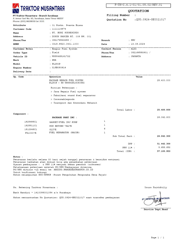Penawaran Jasa Repair Fuel System | PDF