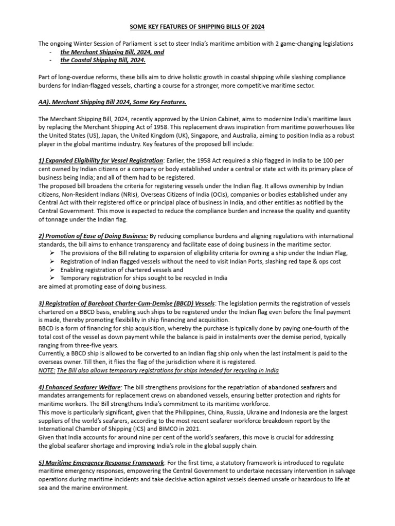 Key Features of Shipping Bills 2024 | PDF | Ships | Tonnage