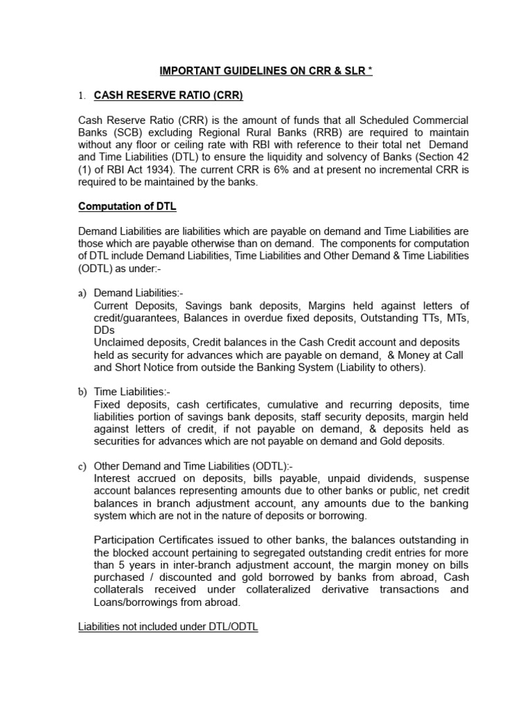 SLR and CRR | PDF | Reserve Bank Of India | Banks
