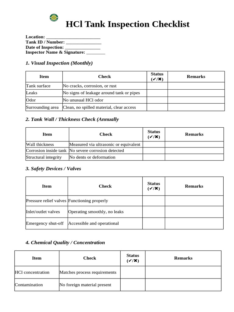 HCl Tank Inspection Checklist | PDF | Leak | Mechanical Engineering
