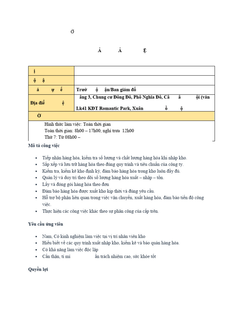 JD - Nhân Viên Kho | PDF