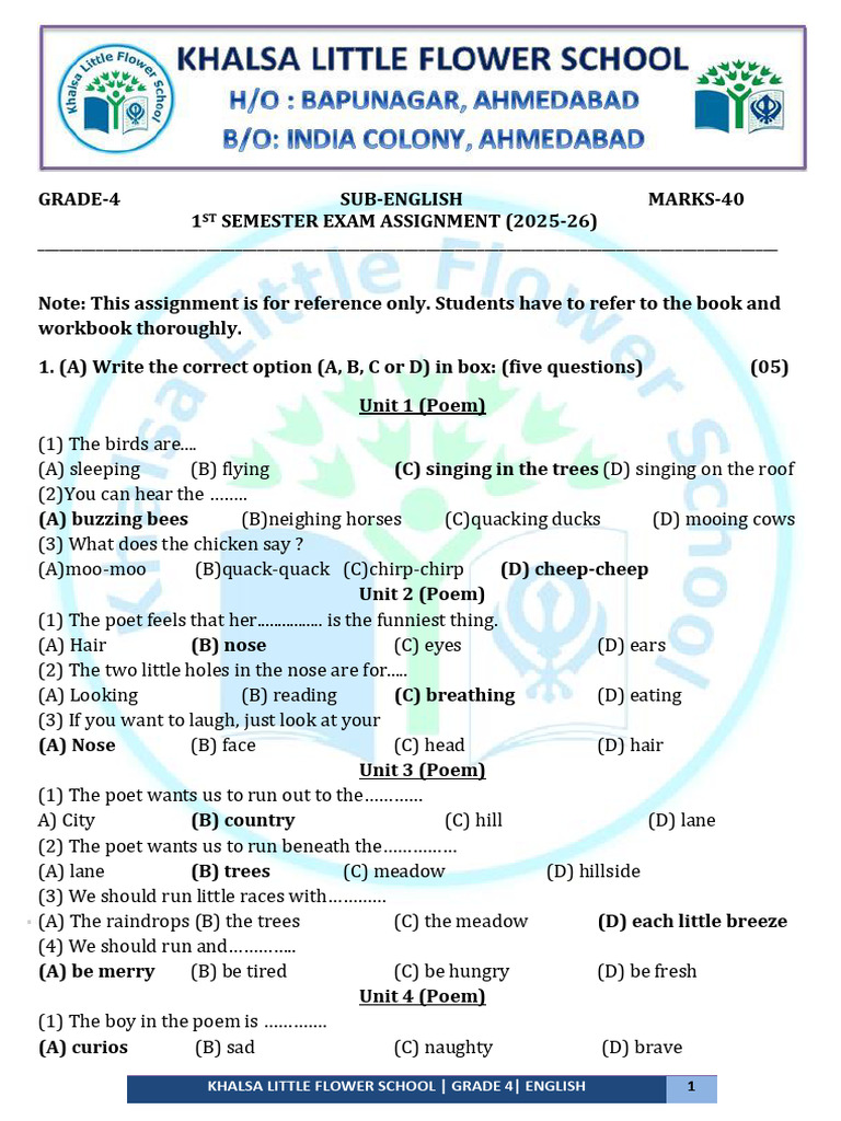 Grade-4 English Sem-1 Assignment | PDF