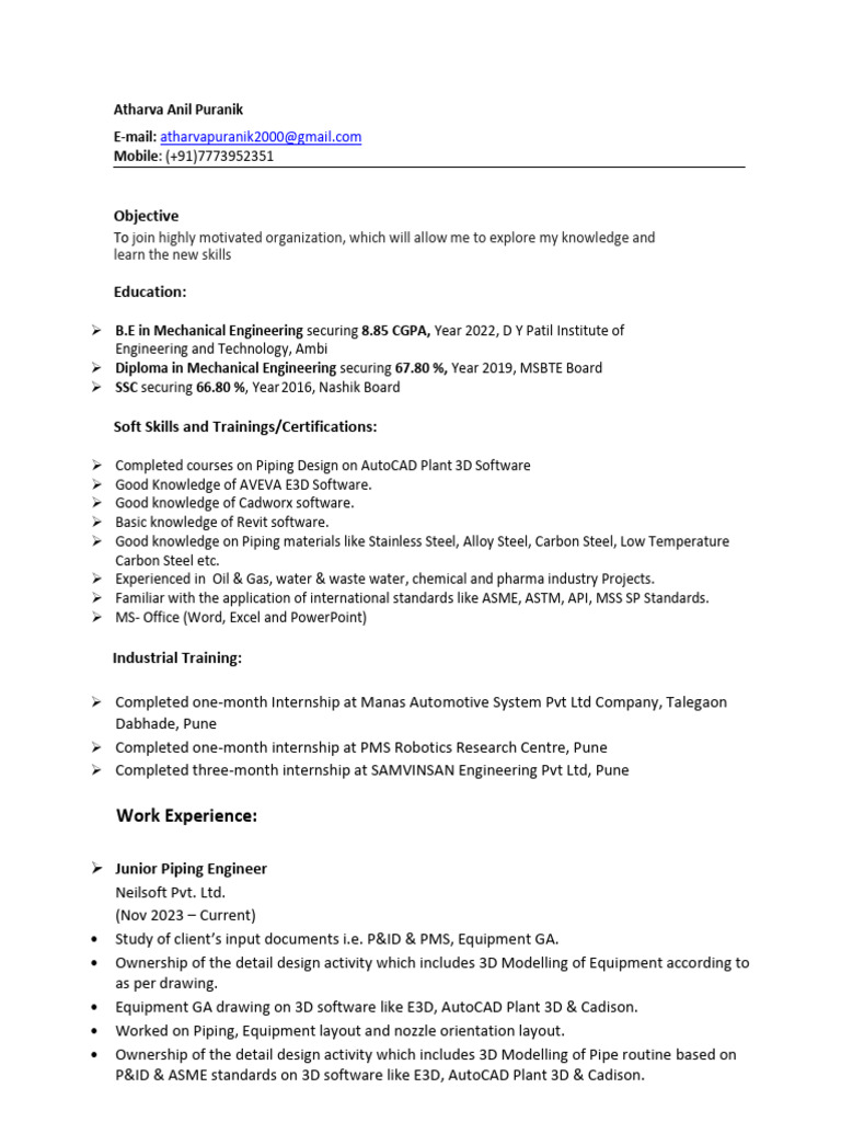 CV - Atharva Puranik - Piping Design Engineer | PDF | Mechanical ...