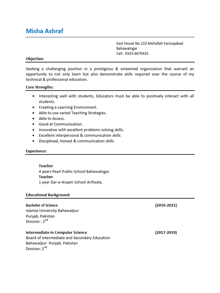 Teacher Resume of Misha Ashraf | PDF