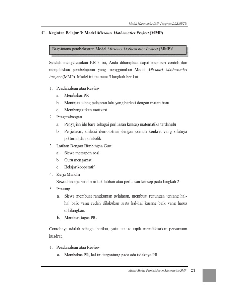 Model Missouri Mathematics Project (MMP) | PDF | Karier & Perkembangan