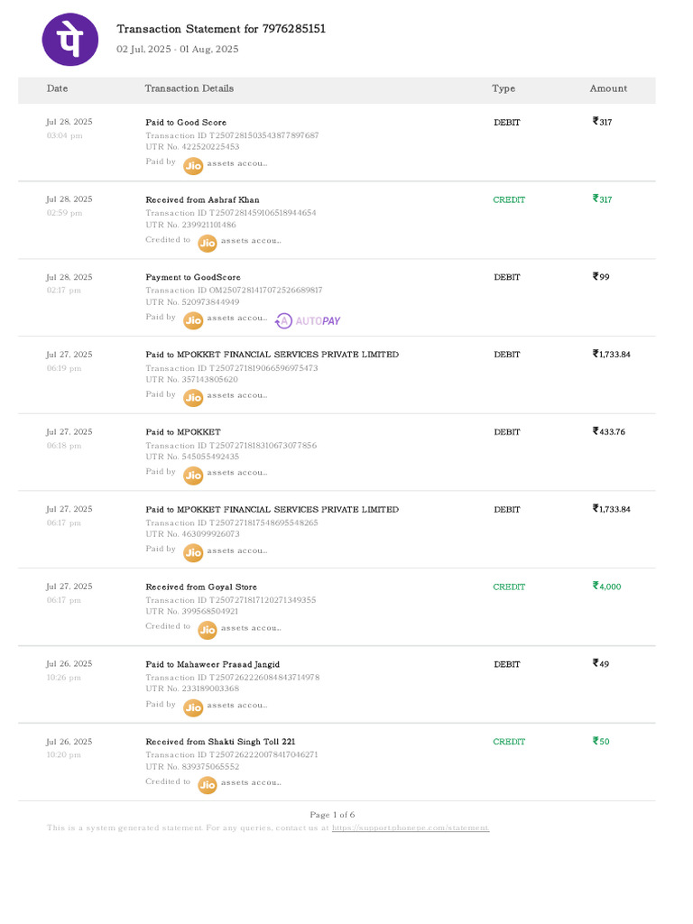 PhonePe Statement Jul2025 Aug2025 | PDF | Debits And Credits | Debit Card