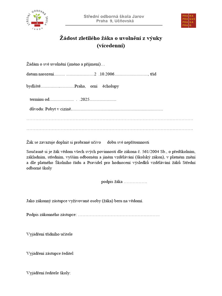 Zadost o Uvolneni Z Vyuky-Zletily Zak | PDF