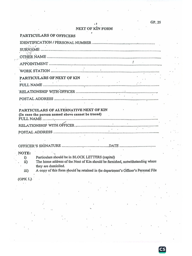 Next of Kin Form Gp25 | PDF