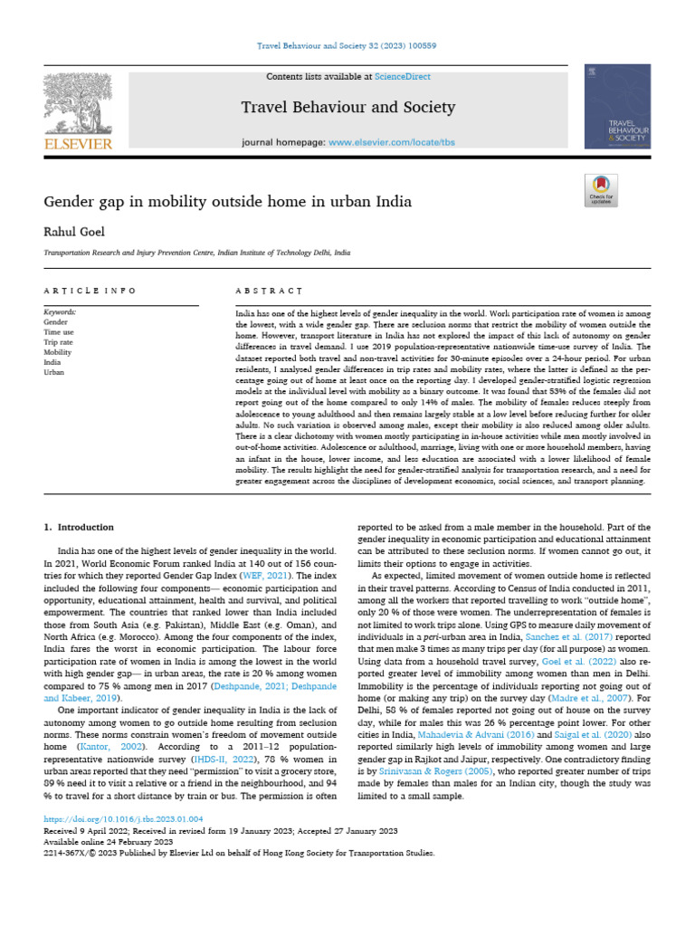 Gender Mobility Gap in Urban India | PDF | Gender Inequality | Gender ...