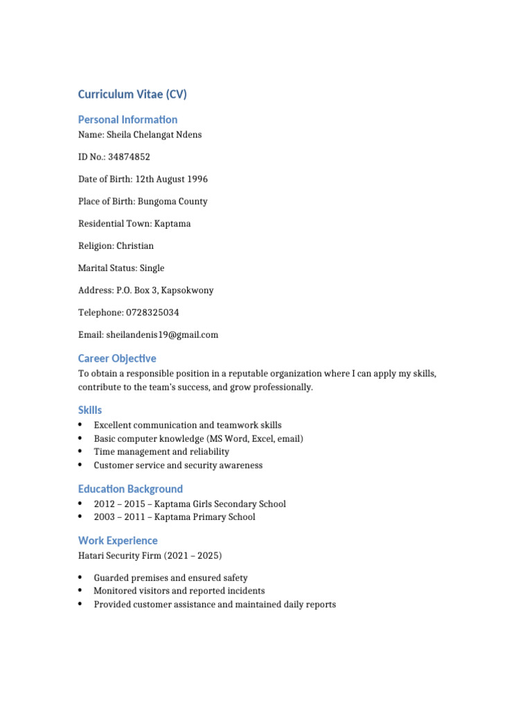 Sheila Chelangat Ndens Updated CV | PDF