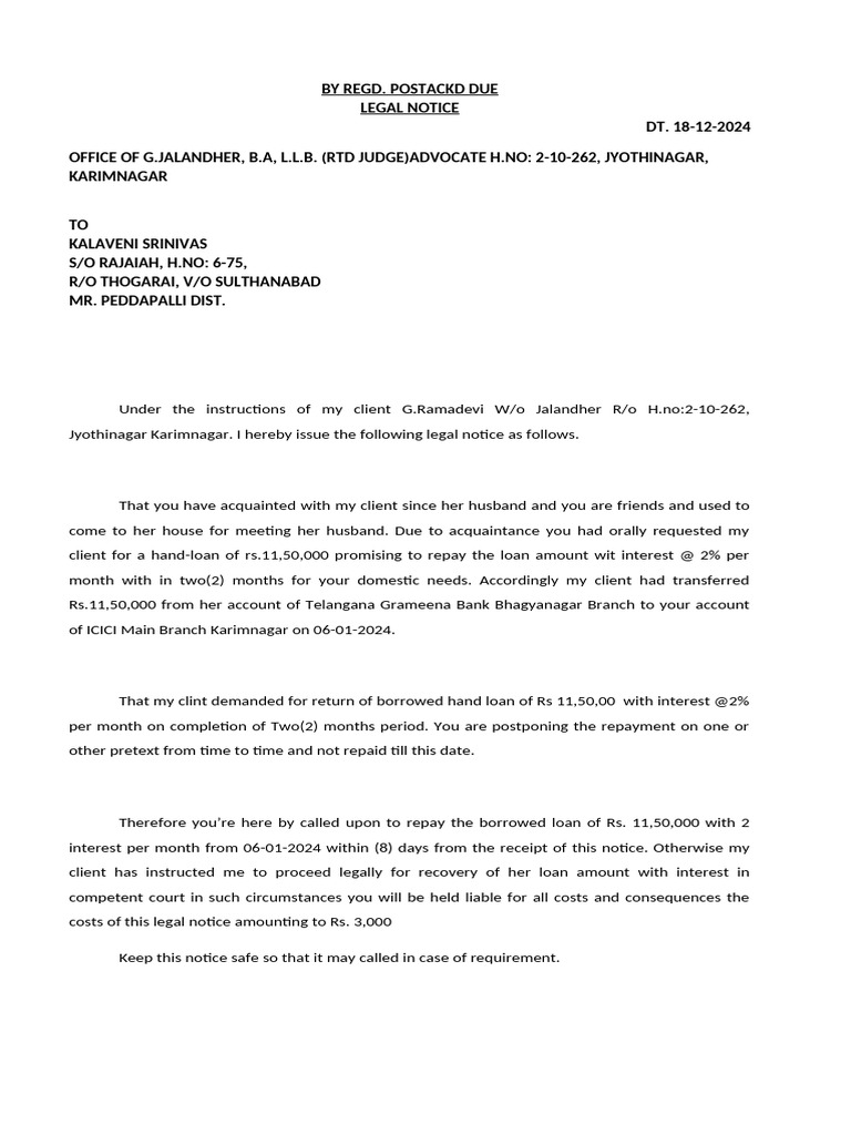 Legal Notice for Loan Repayment Demand | PDF