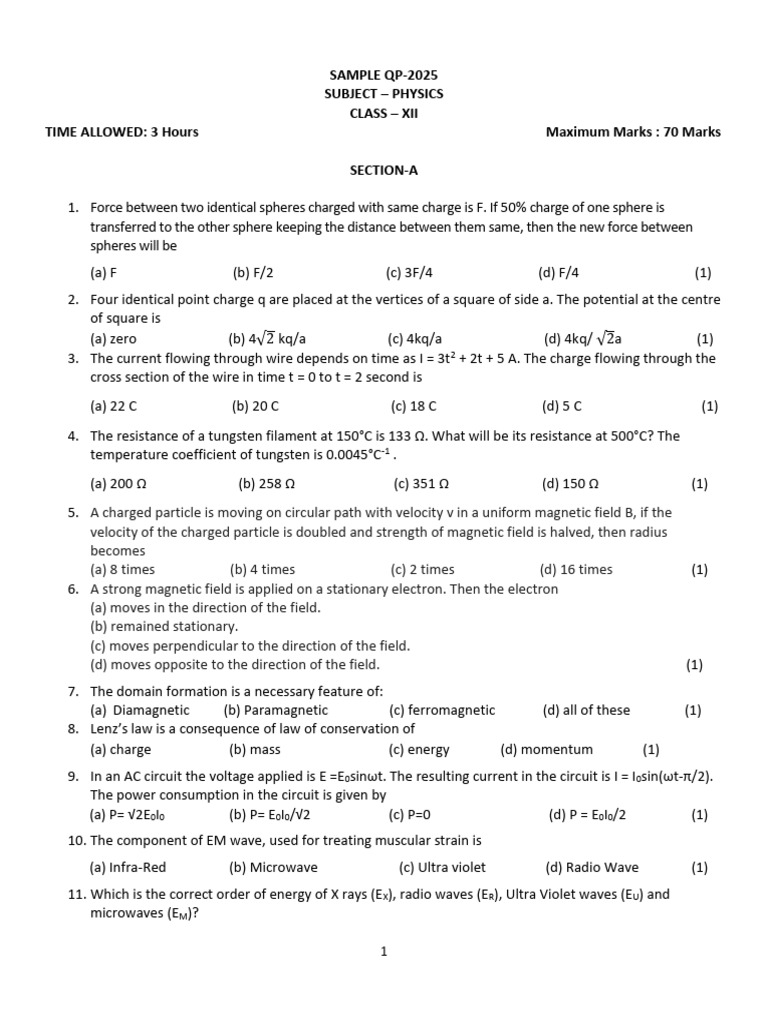Physics Sample Question Paper 2025 | PDF | Magnetic Field | Force