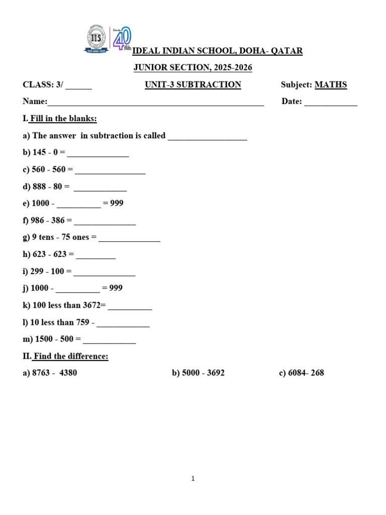 Class 3 Maths Worksheets: Subtraction & More | PDF | Geometry ...