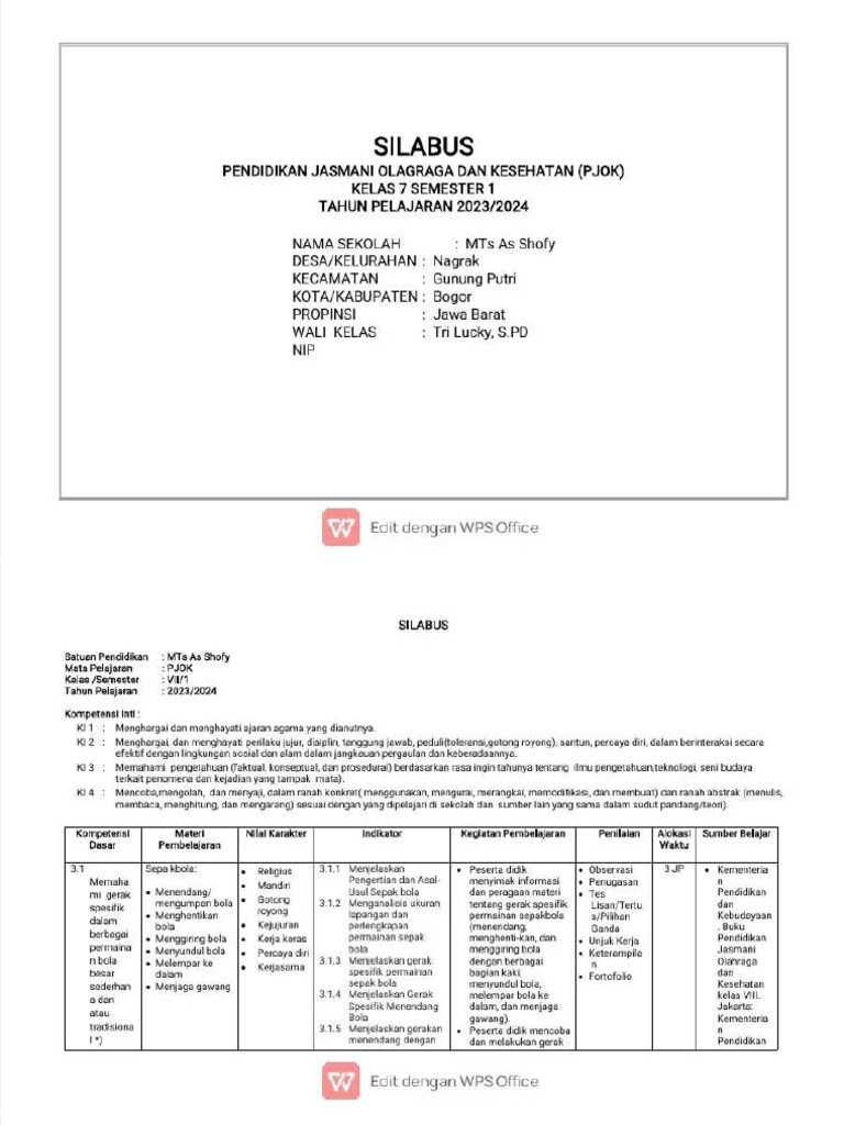 PDF Silabus Pjok Kelas 7 Semester 1 Compress | PDF
