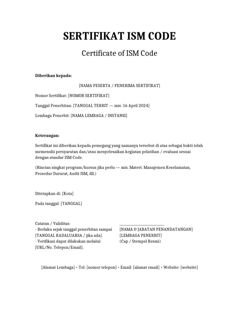 Contoh Sertifikat ISM Code | PDF