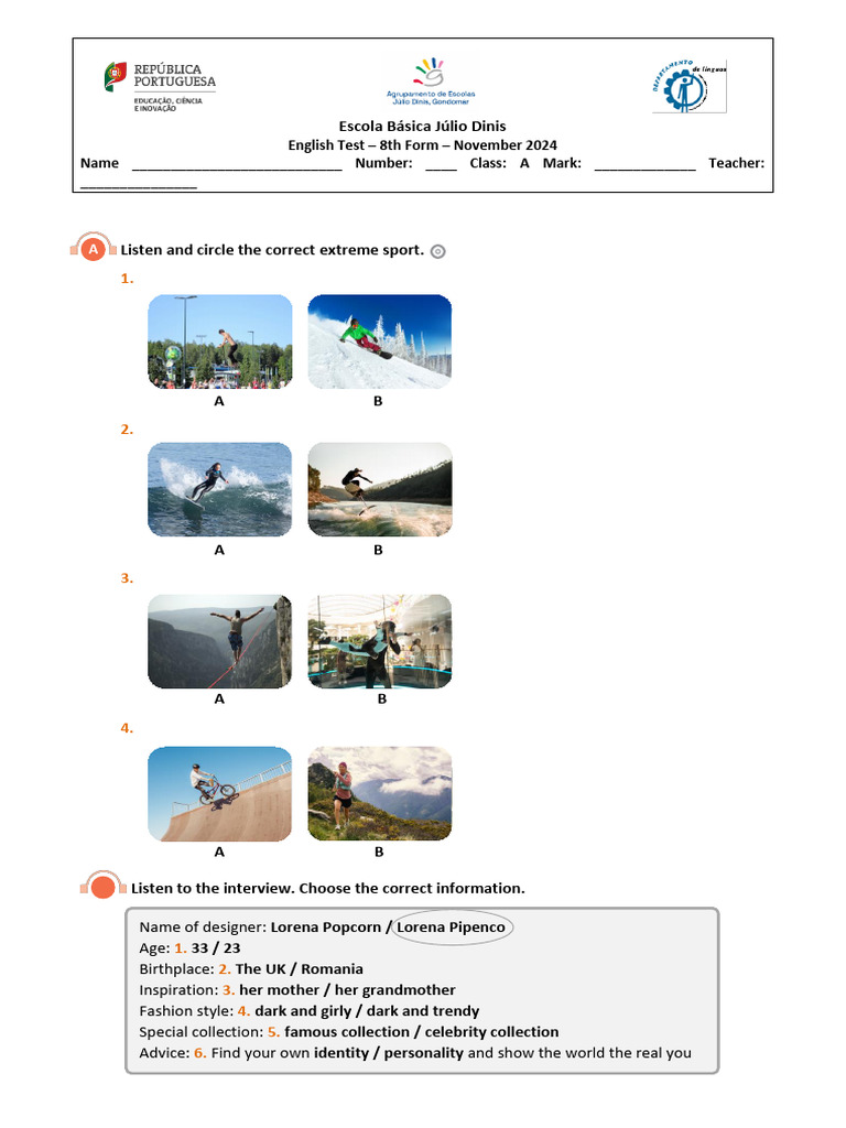 8th Grade English Test - November 2024 | PDF