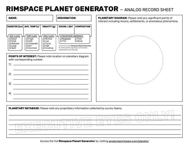 Rimspace Planet Generator Analog Record Sheet | PDF
