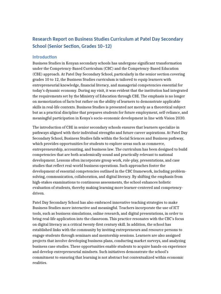 Business Studies Report Full Patel Day | PDF | Entrepreneurship | Learning