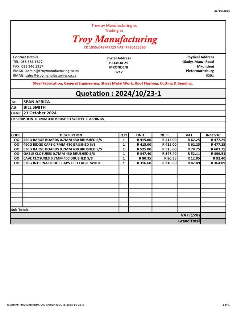 Quotation for Steel Flashings 2024 | PDF | Metals | Building Materials